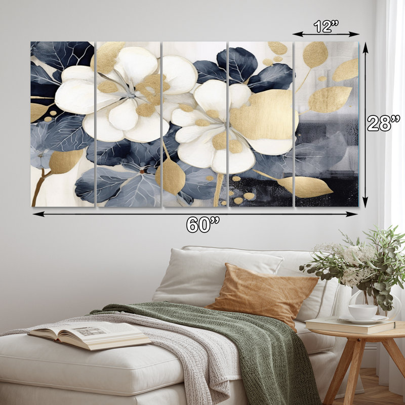 Design Art White Gold Hydrangea Blooms Heaven II - 5 Piece Wall Decor Set Metal | Wayfair